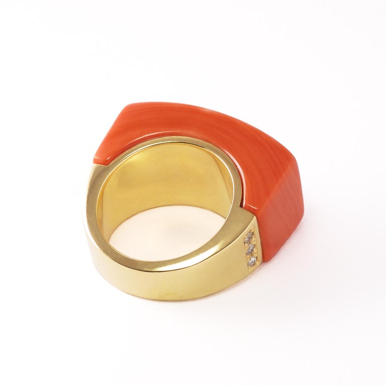 18 Karat Yellow Gold Japanese Momoiro Sango Coral Ring with Diamonds ...