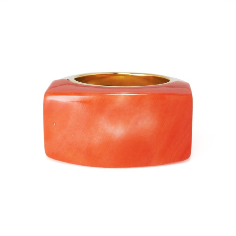 18 Karat Yellow Gold Japanese Momoiro Sango Coral Ring with Diamonds ...