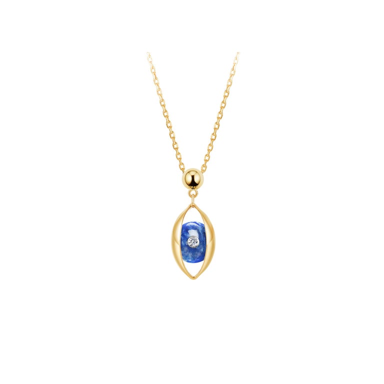 Eye Unisex Small Pendant Necklace 18 Karat Yellow Gold Blue Kyanite ...