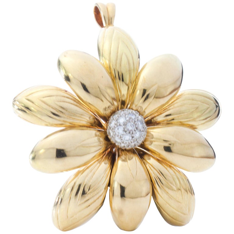 18 Karat Yellow Gold Ladies Flower Brooch and Pendant with Diamonds For ...
