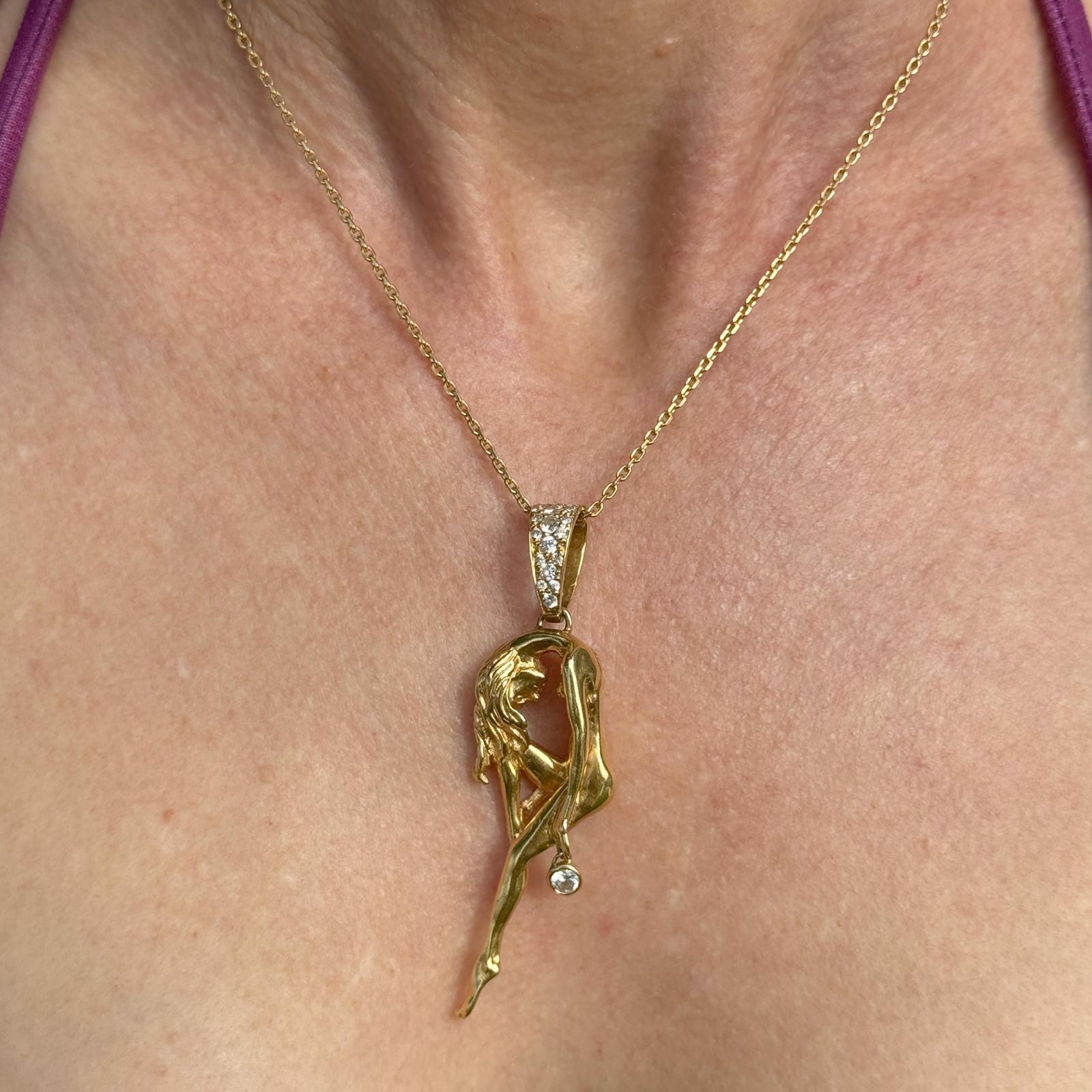 18 Karat Yellow Gold Lady Figure Diamond Pendant Necklace For Sale at ...