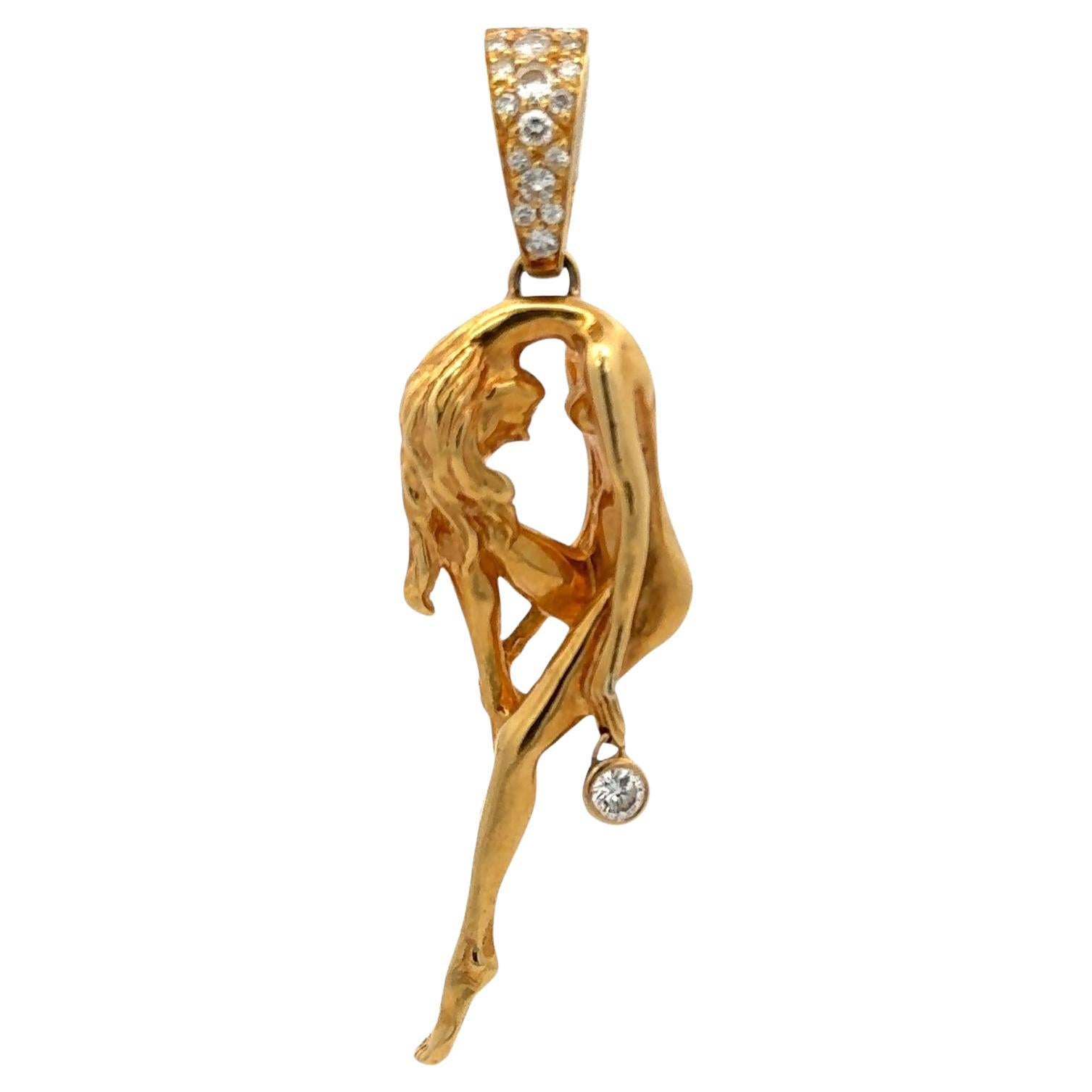 18 Karat Yellow Gold Lady Figure Diamond Pendant Necklace For Sale at ...