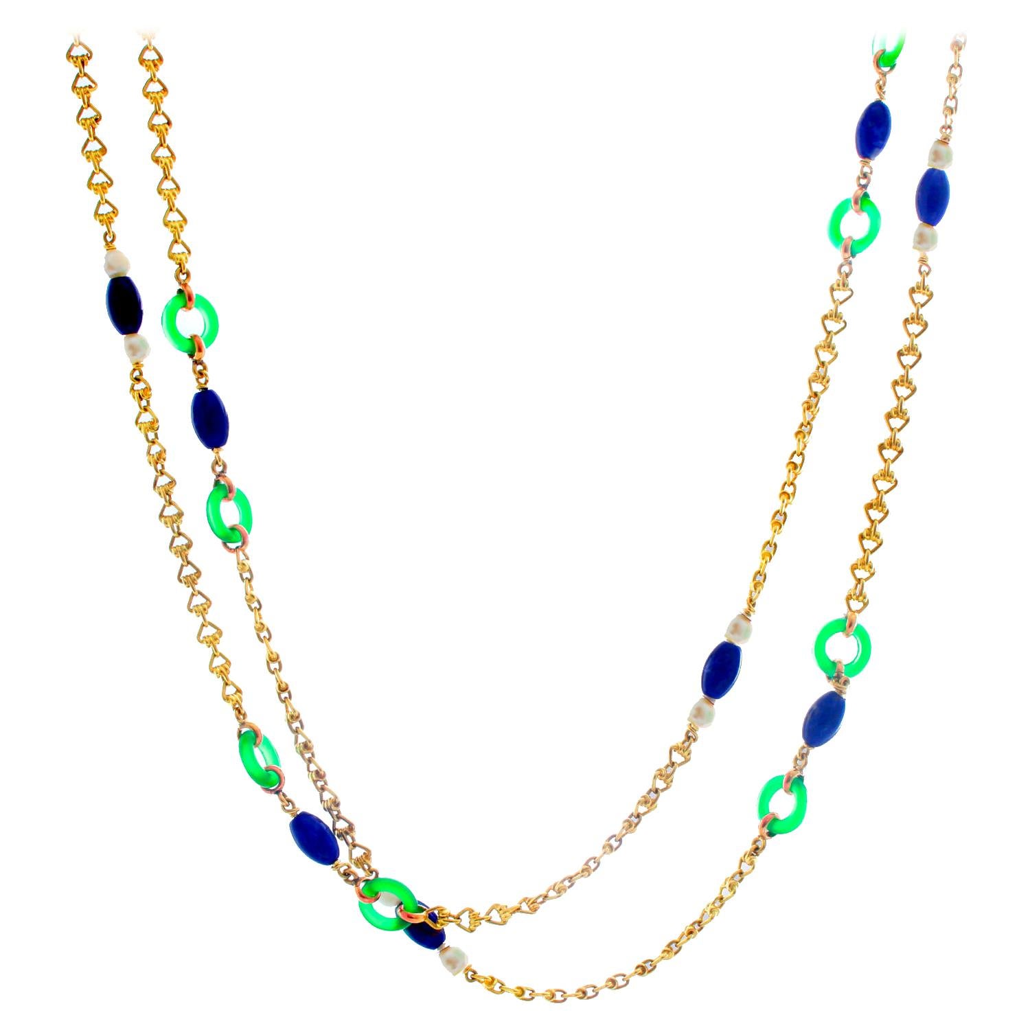Gold, Colored Stone and Pearl Necklace For Sale at 1stDibs