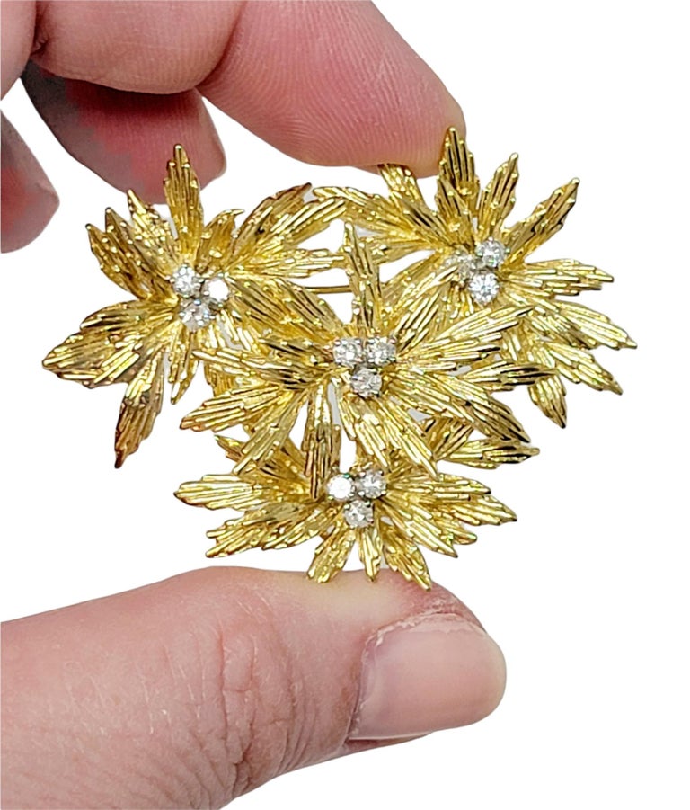 18 Karat Yellow Gold Layered Flowers Brooch with Round Diamond Accents ...