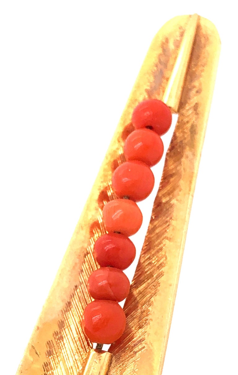 18 Karat Yellow Gold Leaf Design Brooch with Seven Round Coral For Sale ...