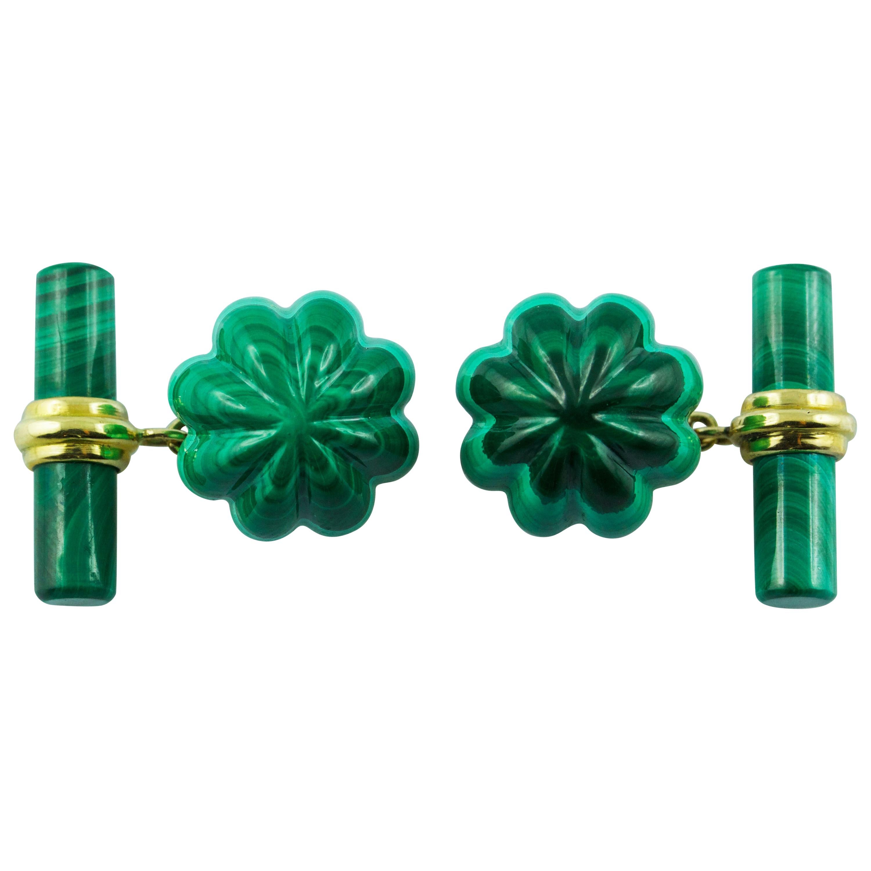 18 Karat Yellow Gold Malachite Flower Cufflinks at 1stDibs