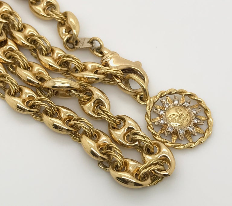 18 Karat Yellow Gold Nautical Link Chain Necklace with Diamond Set Sun ...