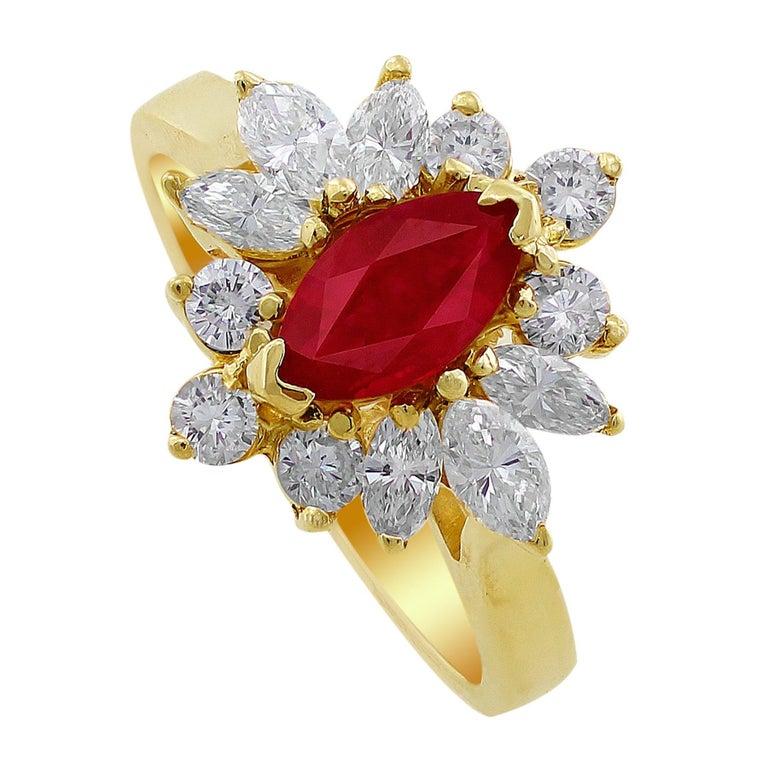 18 Karat Yellow Gold Marquise Cut Ruby Diamond Ring For Sale at 1stDibs