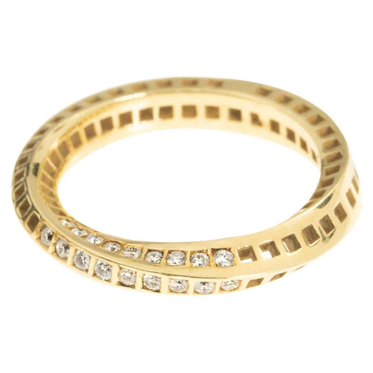 18 Karat Yellow Gold Mobius Band, Squares Holes Set with 18 VS White ...