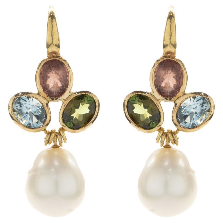 18 Karat Yellow Gold Multi Colored Gemstone and South Sea Pearl Drop ...