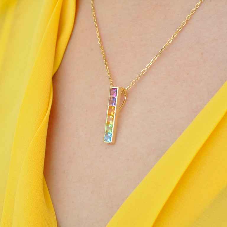 18 Karat Yellow Gold Multicolour Linear Rainbow Bar Pendant Necklace ...