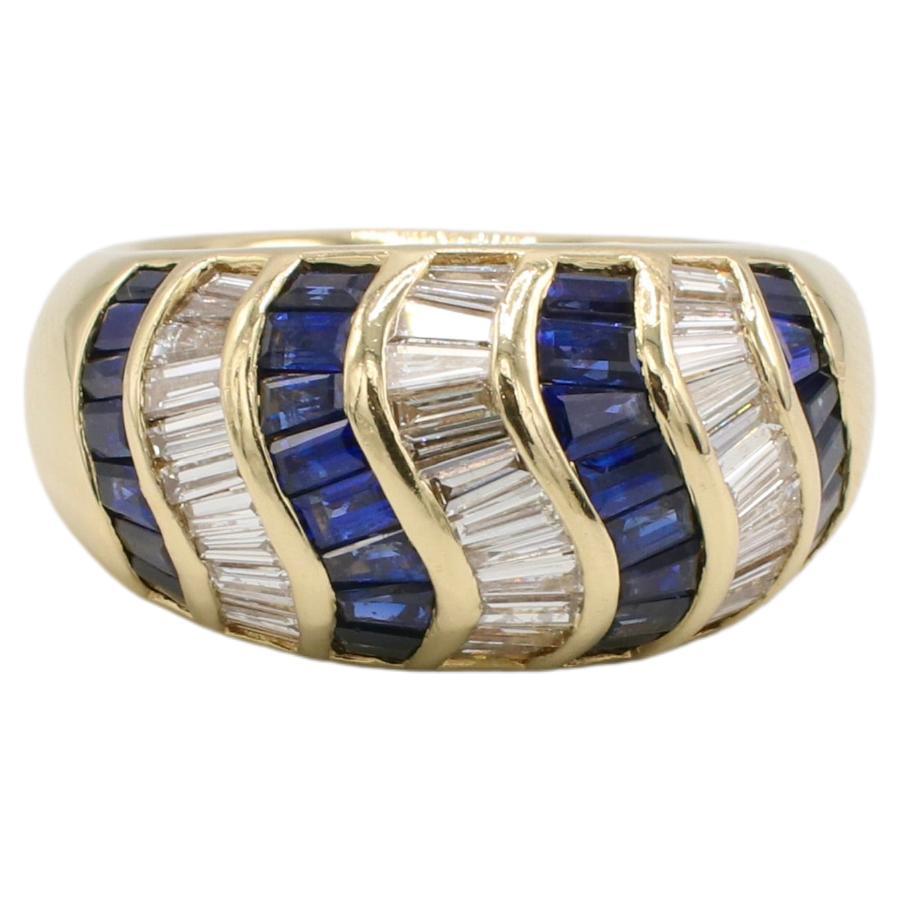18 Karat Yellow Gold Natural Diamond and Blue Sapphire Dome Band Ring ...