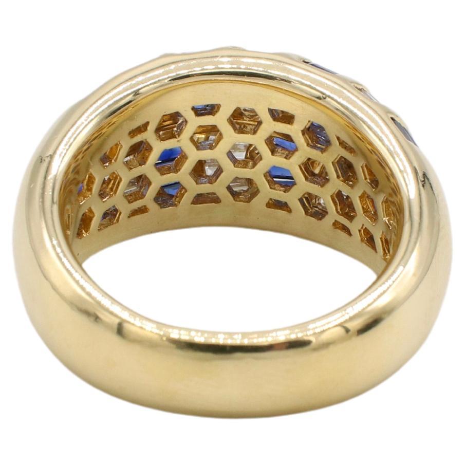 18 Karat Yellow Gold Natural Diamond and Blue Sapphire Dome Band Ring ...