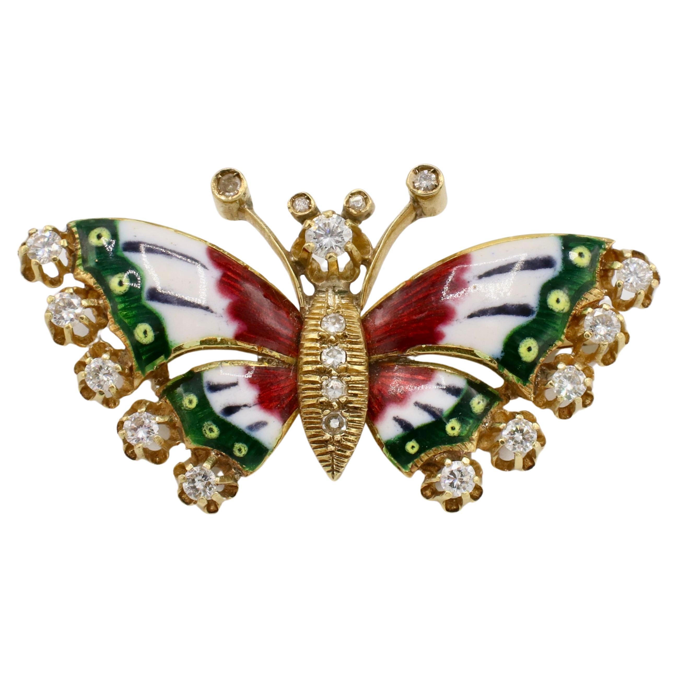 18 Karat Yellow Gold Natural Diamond and Colored Enamel Butterfly Pin ...