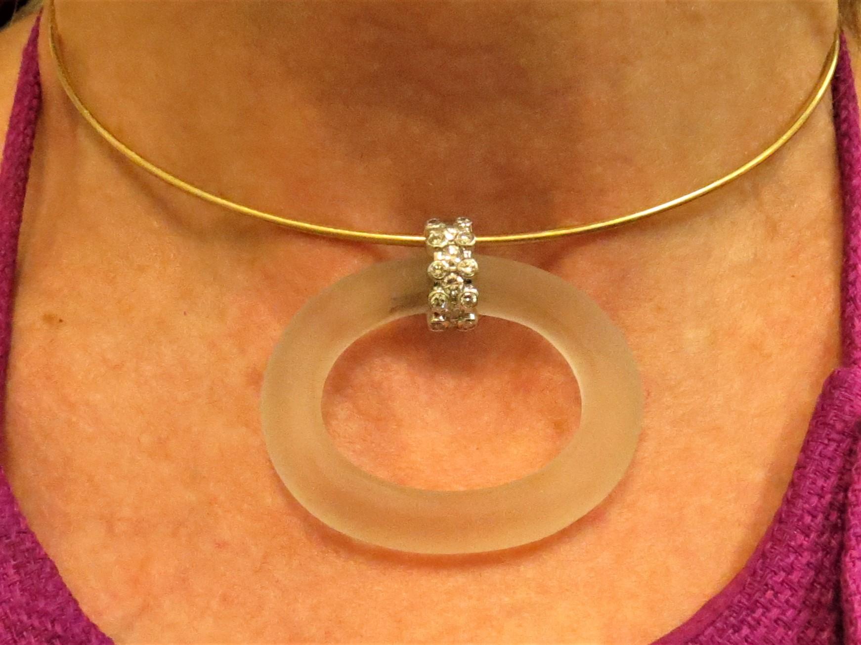 18 Karat Yellow Gold Neck Wire with Diamond and Crystal Pendant at ...