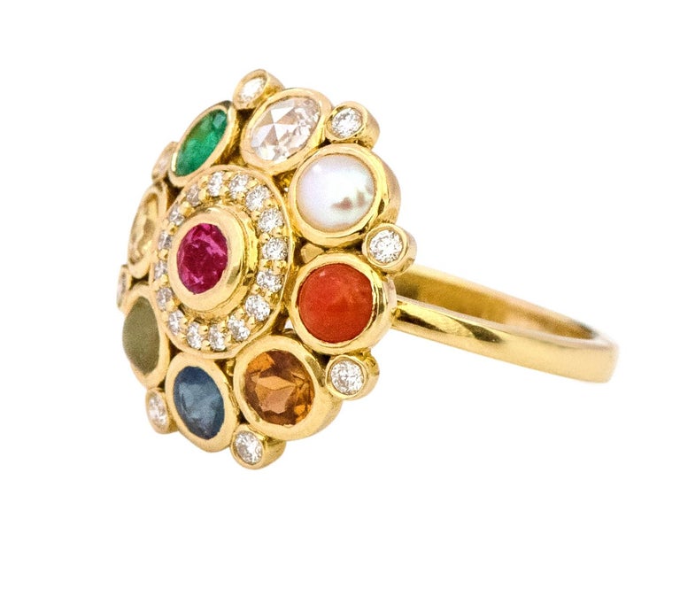 18 Karat Yellow Gold Nine Precious Gems "Navratan" Statement Ring For ...