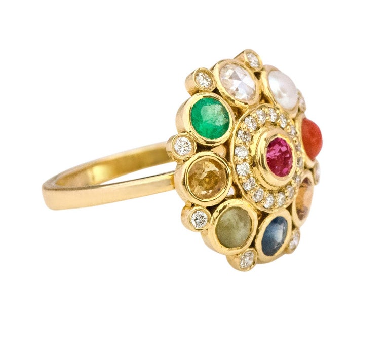 18 Karat Yellow Gold Nine Precious Gems "Navratan" Statement Ring For ...