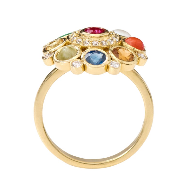 18 Karat Yellow Gold Nine Precious Gems "Navratan" Statement Ring For ...