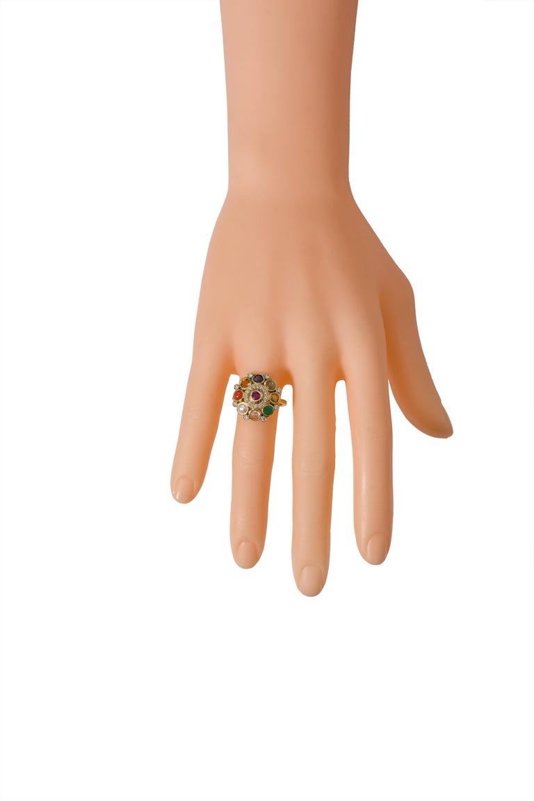 18 Karat Yellow Gold Nine Precious Gems "Navratan" Statement Ring For ...