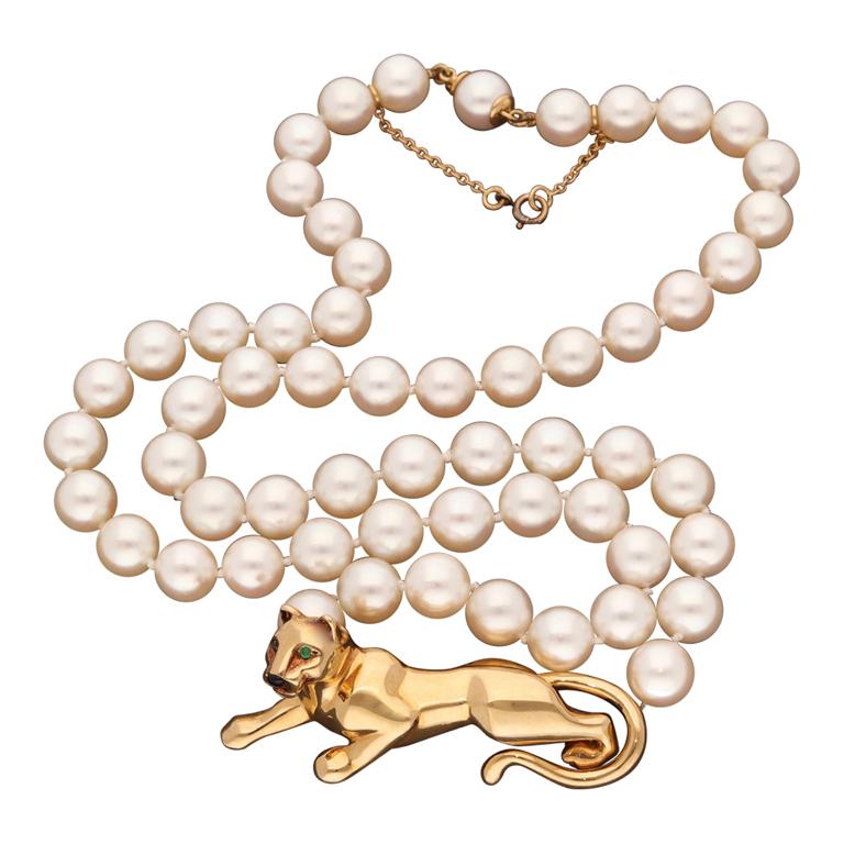 18 Karat Yellow Gold Panther Pearls Necklace by Cartier at 1stDibs