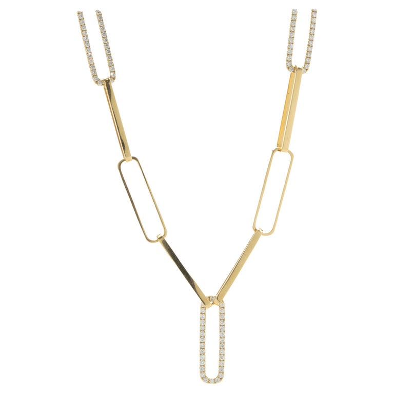 18 Karat Yellow Gold Paperclip Link Necklace with Pave Diamond Stations ... 18 Karat Yellow Gold Paperclip Link Necklace with Pave Diamond Stations ...