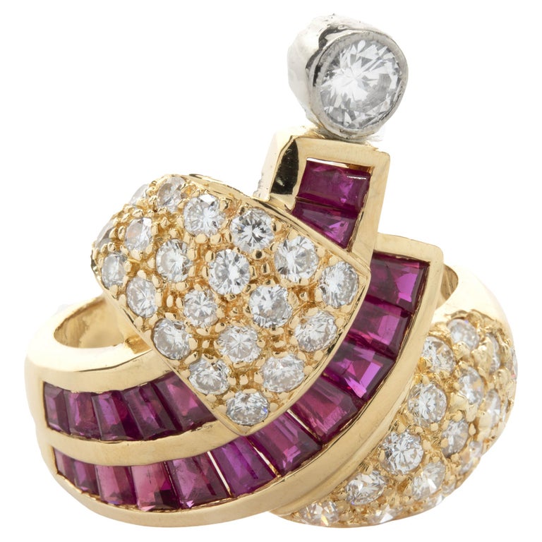 18 Karat Yellow Gold Pave Diamond and Ruby Bypass Ring For Sale at 1stDibs