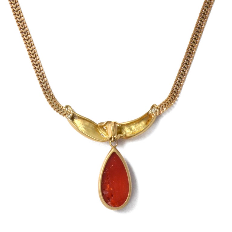 18 Karat Yellow Gold Pear Shape Red Coral Pendant with Diamonds For ...