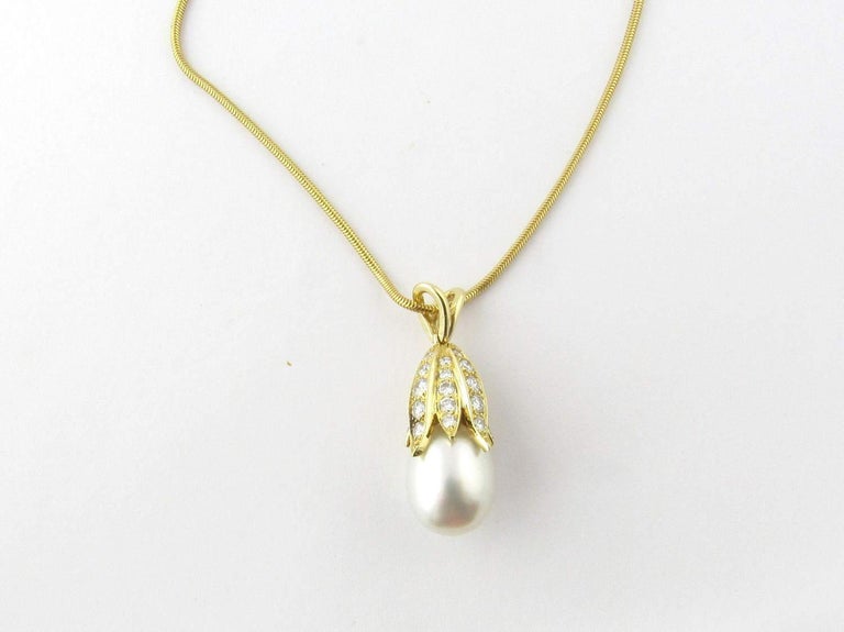 18 Karat Yellow Gold Pearl and Diamond Bell Flower Pendant Necklace For ...