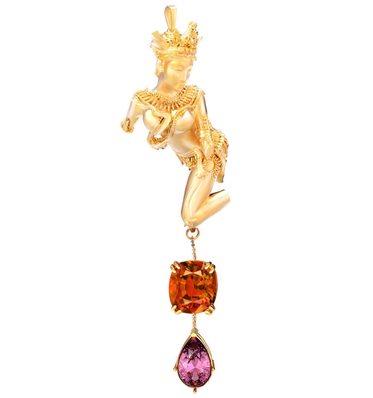 18 Karat Yellow Gold Devata Pendant Necklace with Malaya Garnet and ...