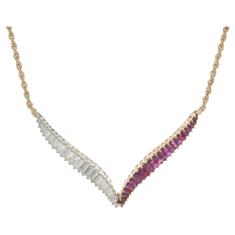 18 Karat Yellow Gold and Platinum Diamond and Ruby V Collar Necklace ...