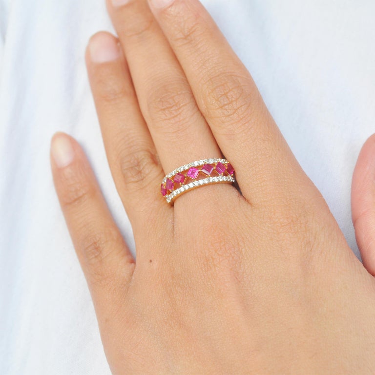Customizable 18 Karat Yellow Gold Princess Cut Ruby Diamond Band Ring ...