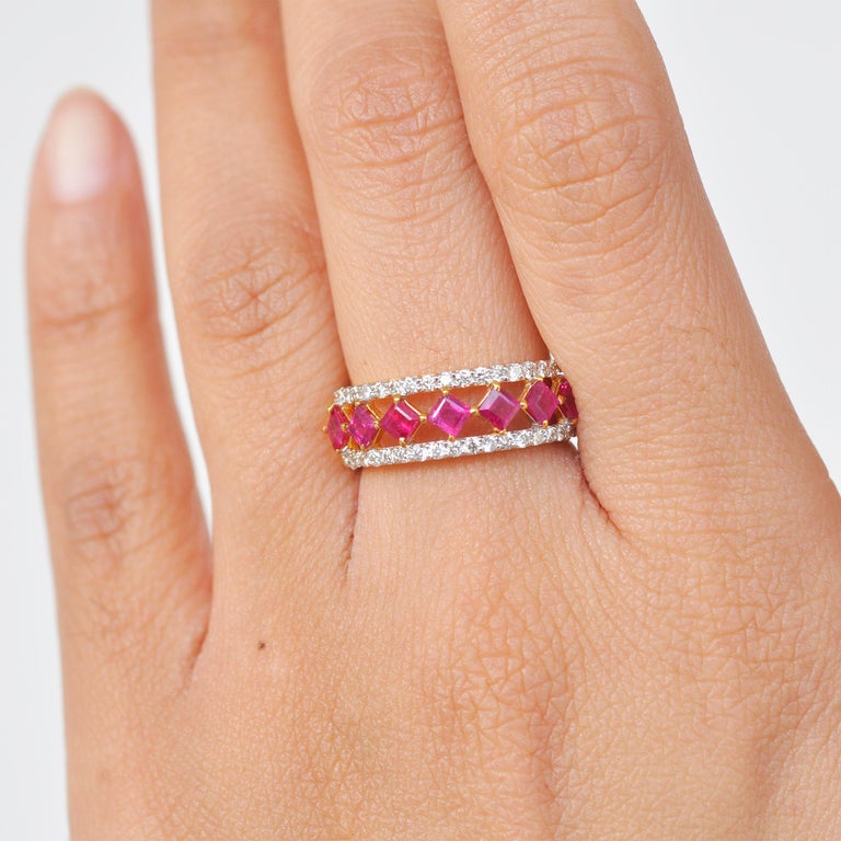 Customizable 18 Karat Yellow Gold Princess Cut Ruby Diamond Band Ring ...
