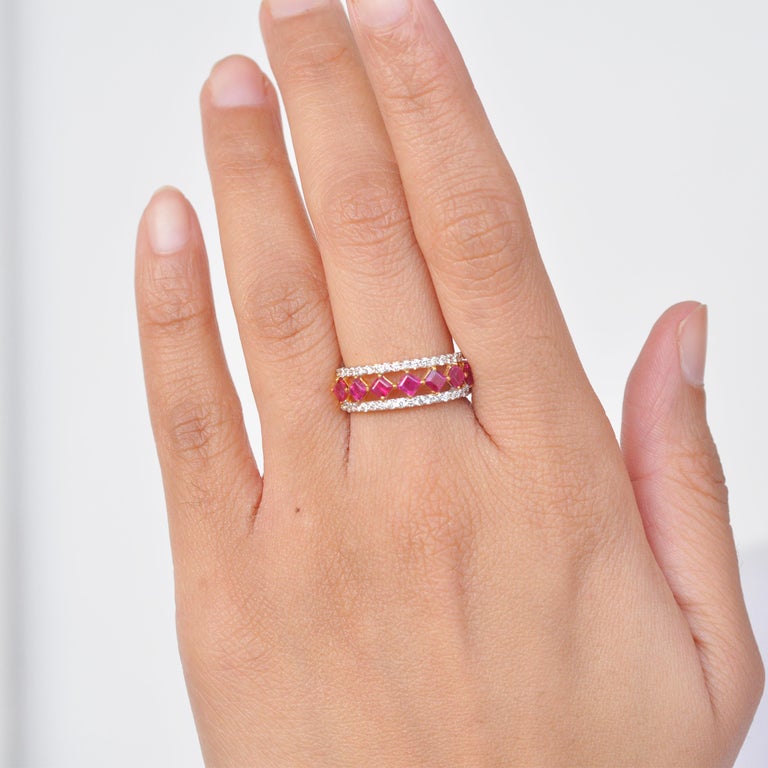 Customizable 18 Karat Yellow Gold Princess Cut Ruby Diamond Band Ring ...