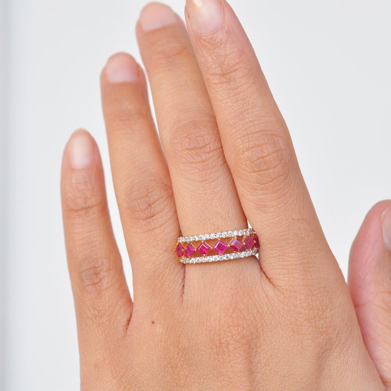 Customizable 18 Karat Yellow Gold Princess Cut Ruby Diamond Band Ring ...