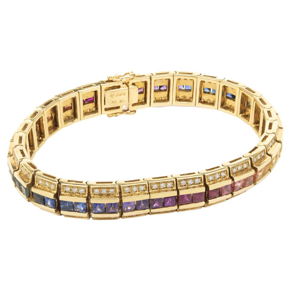 Rainbow Sapphire In Line Tennis Bracelet 18k Yellow Gold For Sale At