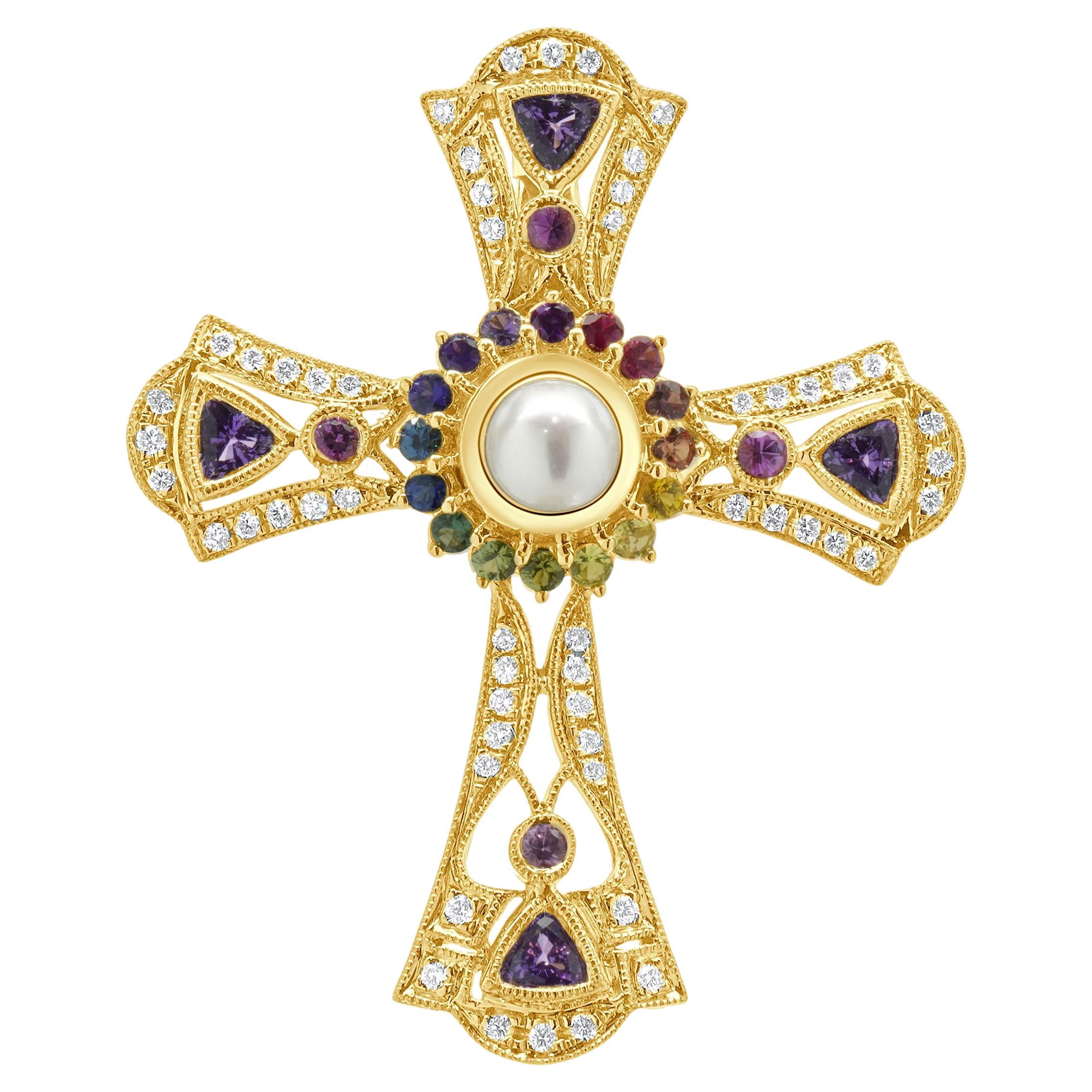 18 Karat Yellow Gold Rainbow Sapphire, Diamond, and Pearl Cross Pendant ...