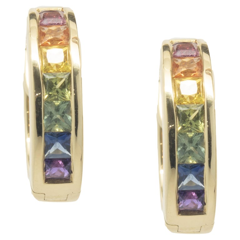 18 Karat Yellow Gold Rainbow Sapphire Huggie Hoop Earrings For Sale at ...