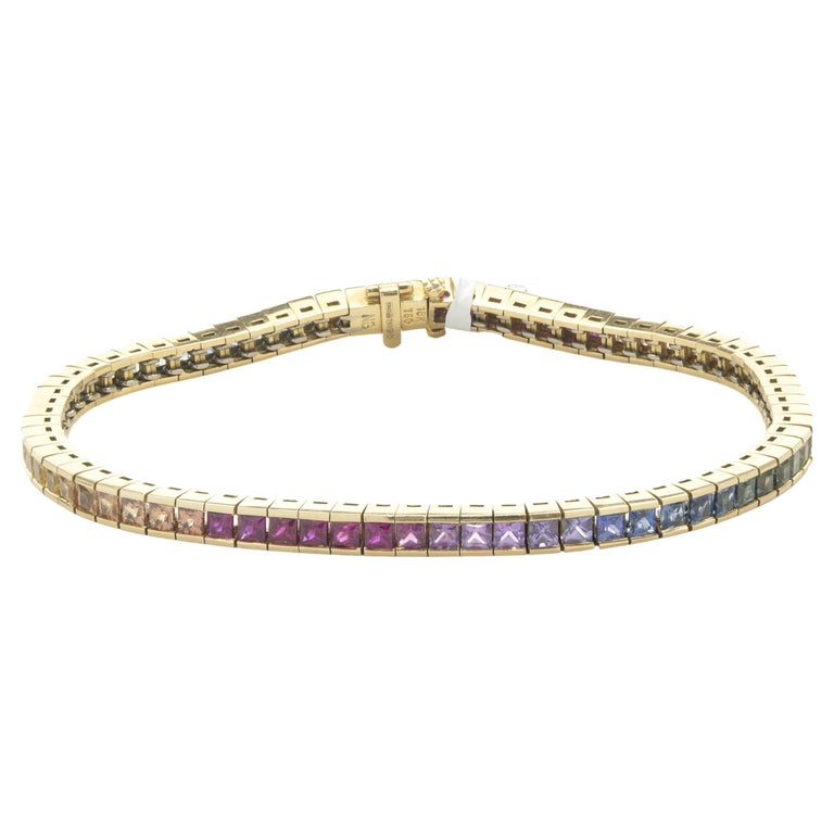 18 Karat Yellow Gold Rainbow Sapphire Tennis Bracelet For Sale at 1stDibs
