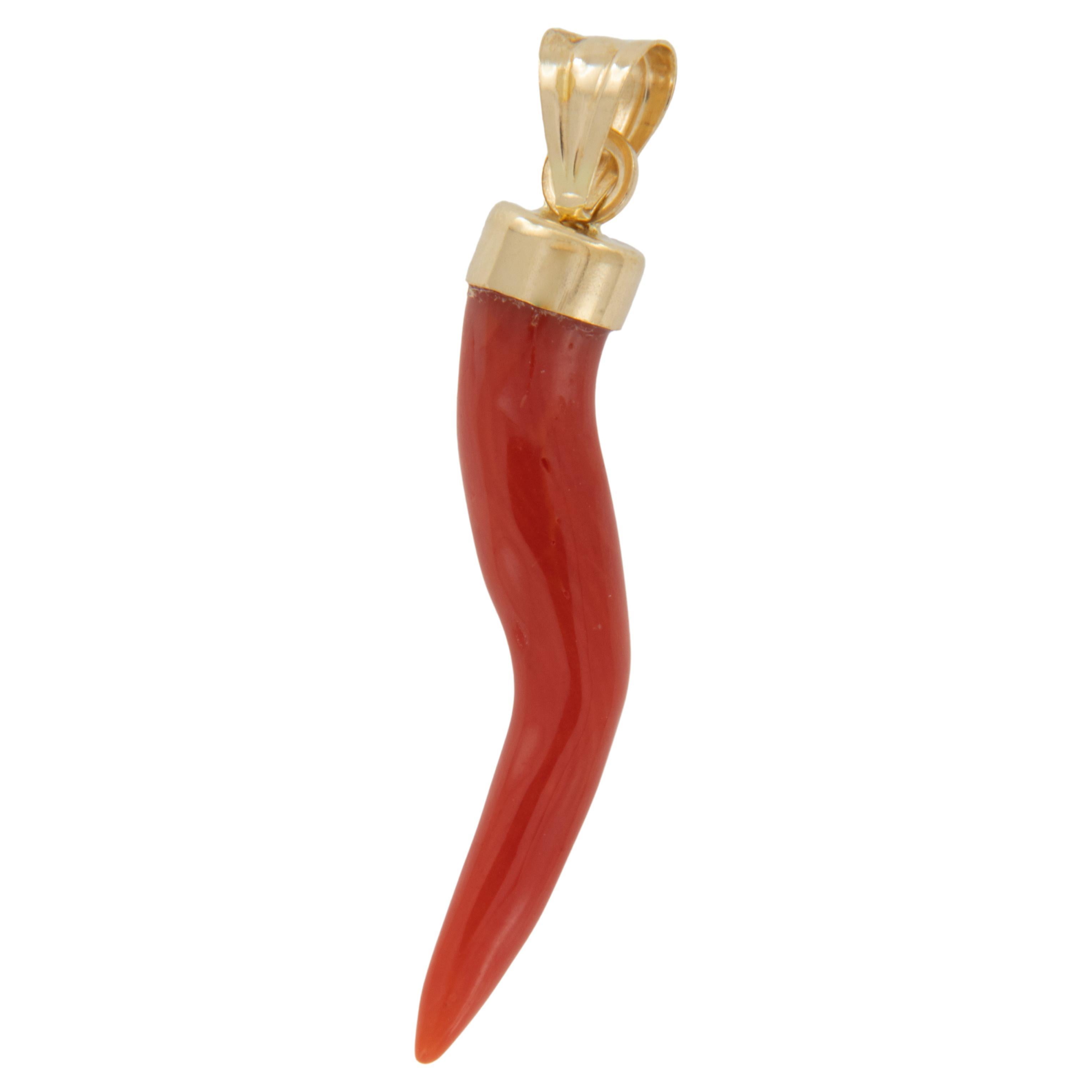 18 Karat Yellow Gold Red Coral Italian Horn Pendant For Sale at 1stDibs