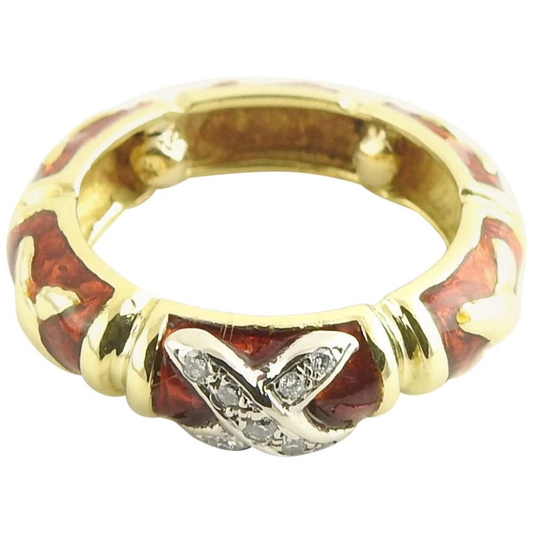18 Karat Yellow Gold, Red Enamel and Diamond Ring at 1stDibs