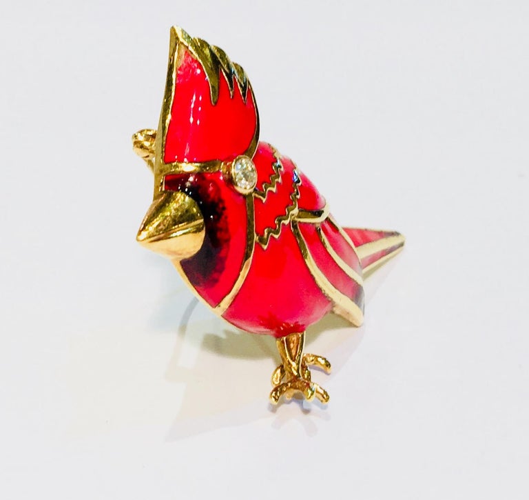 18 Karat Yellow Gold Red Enamel Diamond Cardinal Bird Brooch at 1stDibs ...