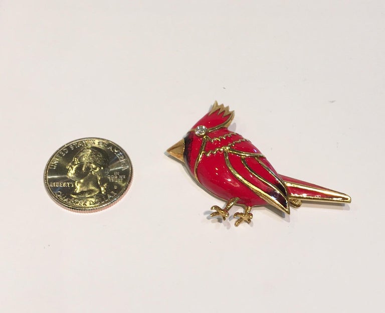 18 Karat Yellow Gold Red Enamel Diamond Cardinal Bird Brooch at 1stDibs ...
