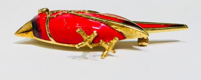 18 Karat Yellow Gold Red Enamel Diamond Cardinal Bird Brooch at 1stDibs ...