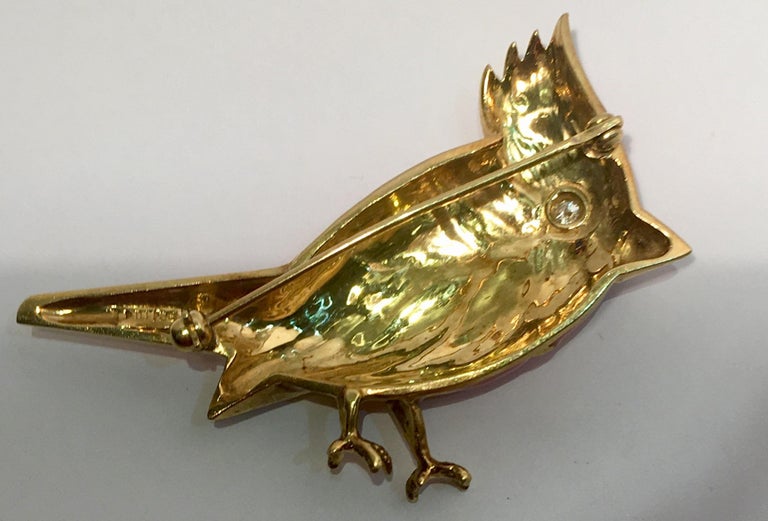 18 Karat Yellow Gold Red Enamel Diamond Cardinal Bird Brooch at 1stDibs ...