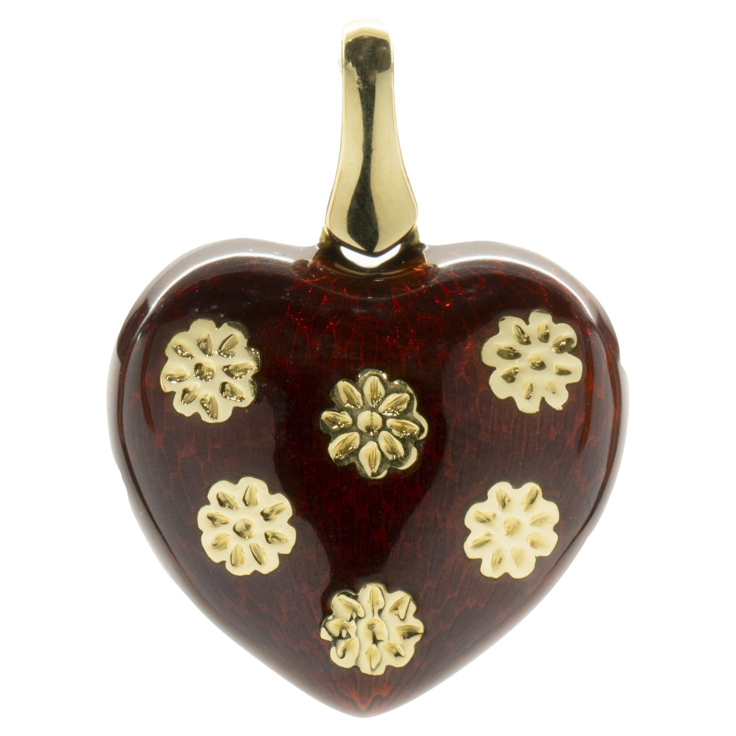 18 Karat Yellow Gold Red Enamel Floral Heart Pendant For Sale at 1stDibs