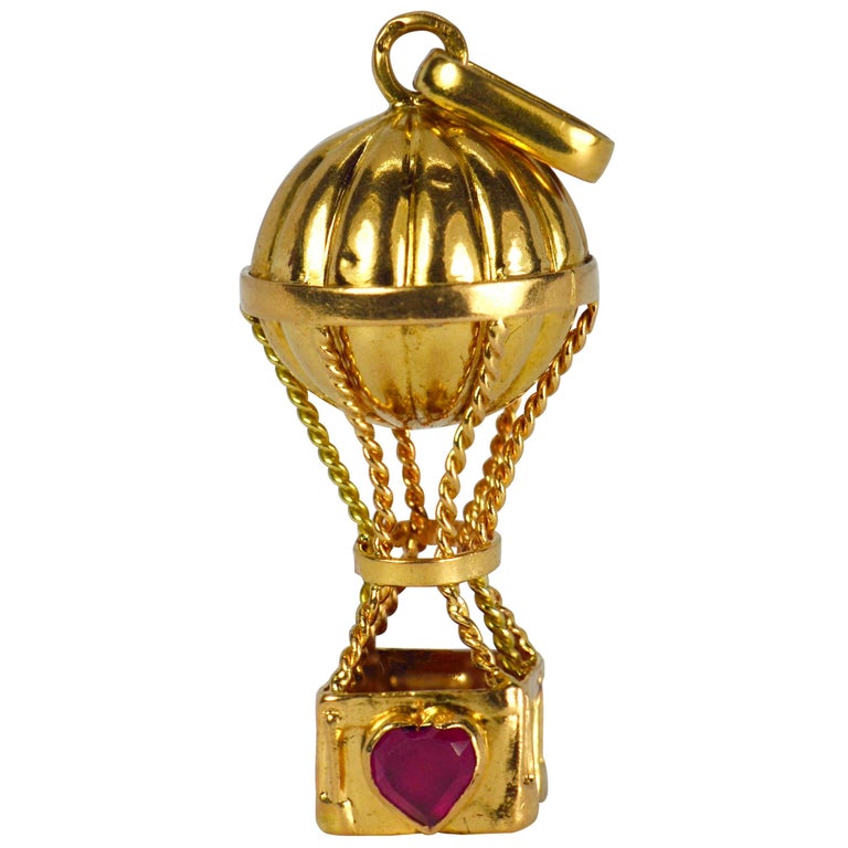 18 Karat Yellow Gold Red Ruby Love Heart Hot Air Balloon Charm Pendant ...