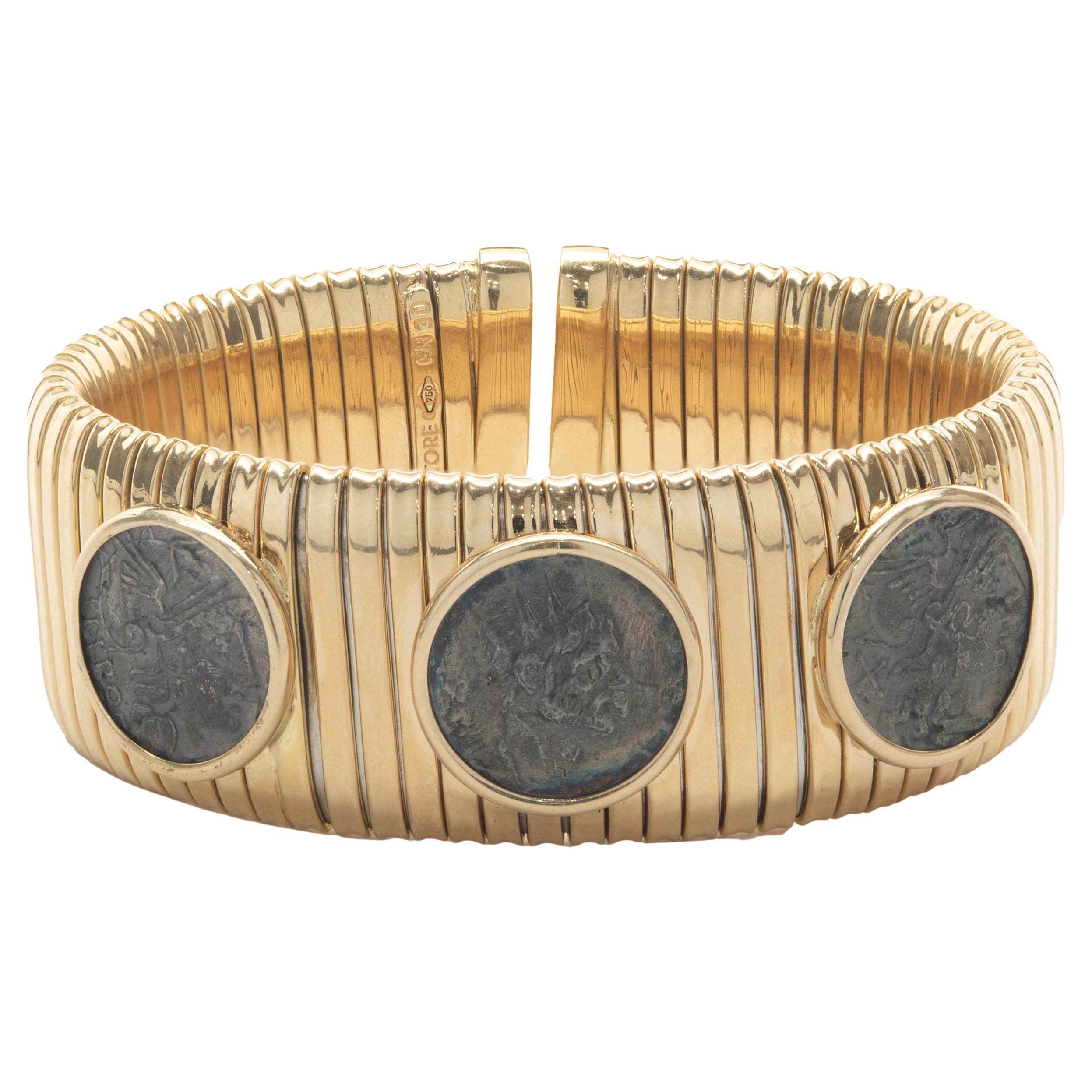 18 Karat Yellow Gold Roman Coin Flex Cuff Bracelet For Sale at 1stDibs