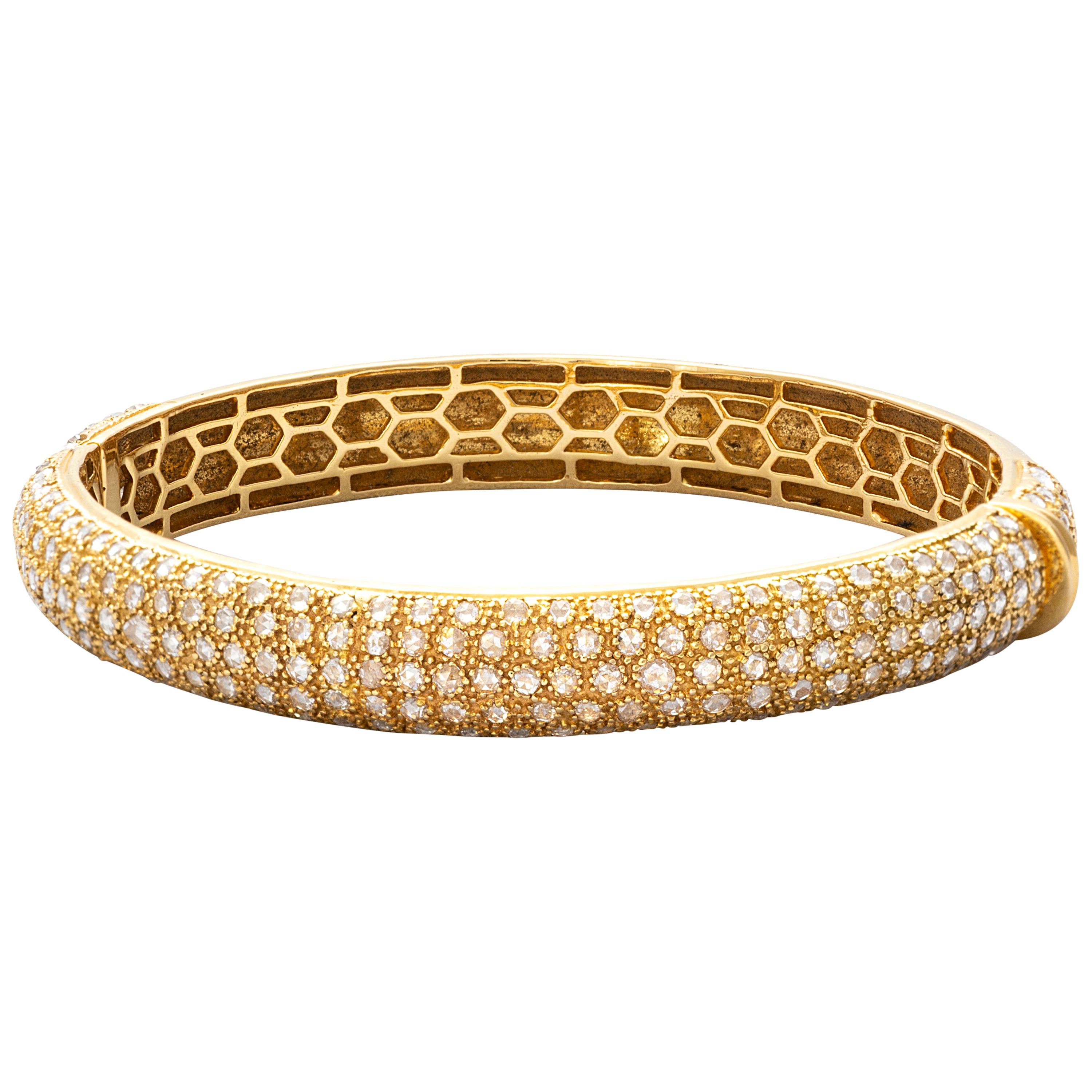Gavello Diamond Studded 18 Karat Yellow Gold Open Wide Cuff Bracelet at ...