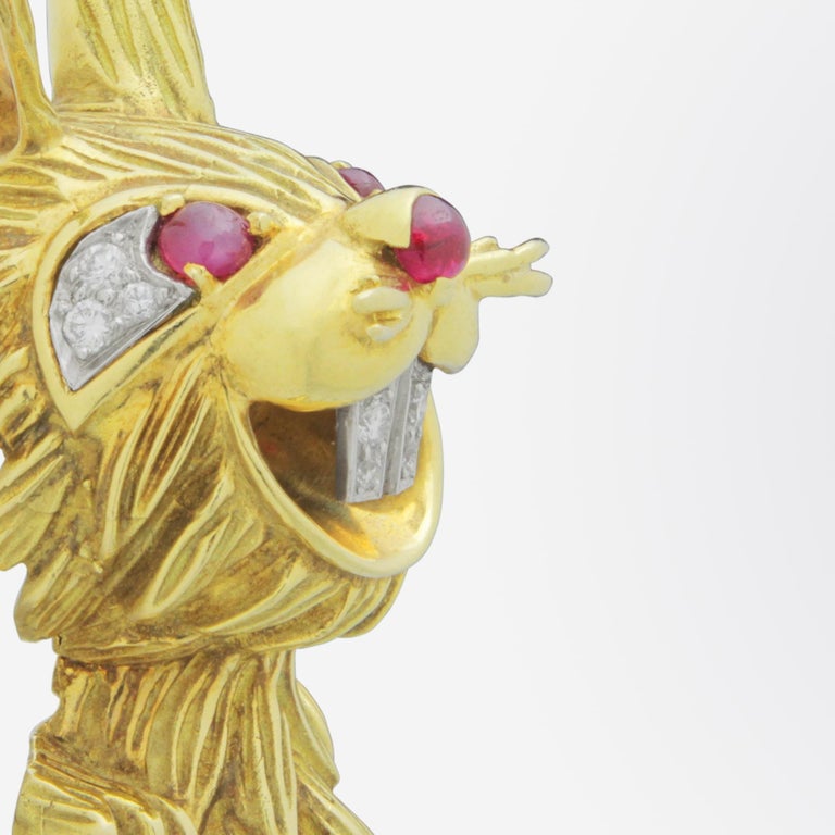 18 Karat Yellow Gold, Ruby, and Diamond Rabbit Brooch Pin after ...