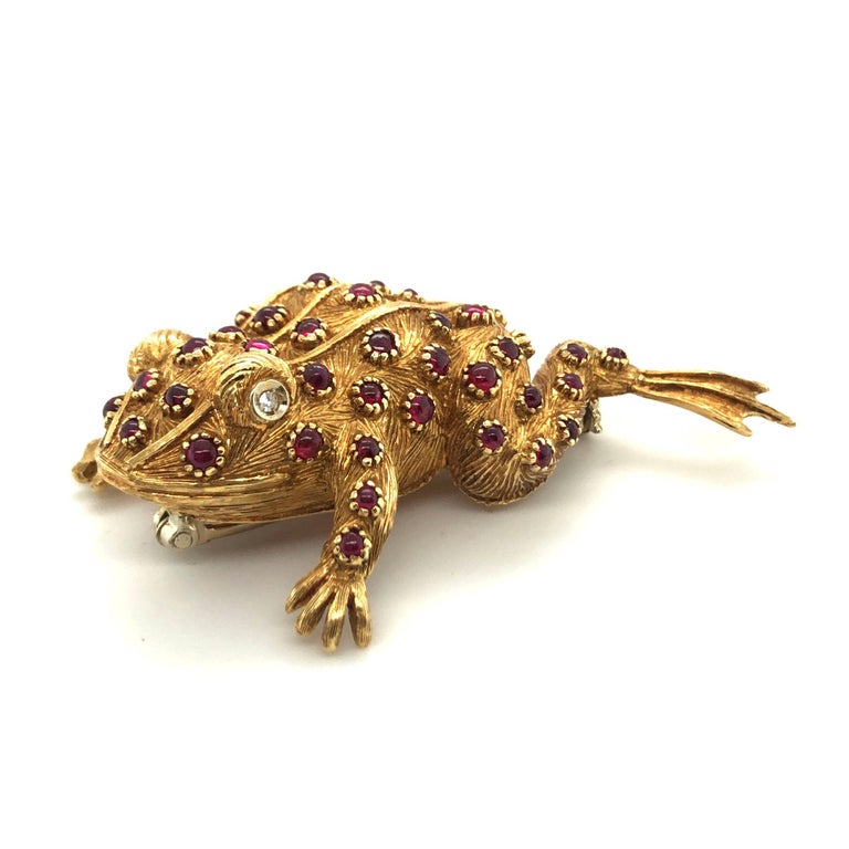 18 Karat Yellow Gold Ruby Diamond Frog Pin Brooch by Meister at 1stDibs